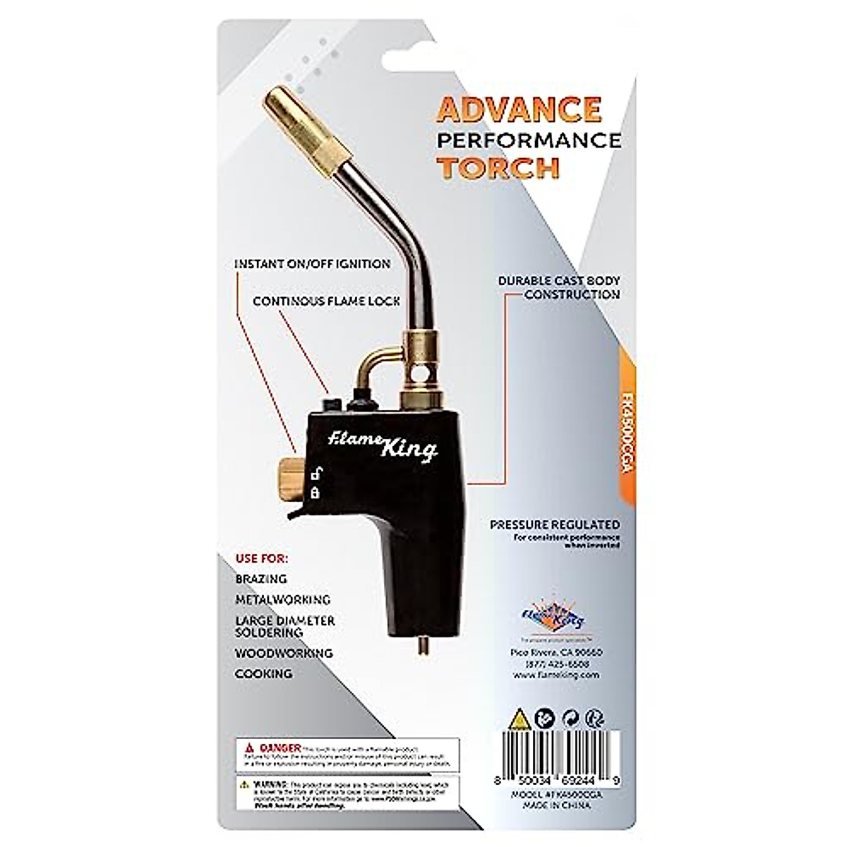 Flame King FK4500CGA High Intensity Propane Torch Head for Soldering, Brazing, Plumbing, Lighting Charcoal/Fire Pits, Compatible with 1LB Cylinders, MAPP, and MAP-PRO