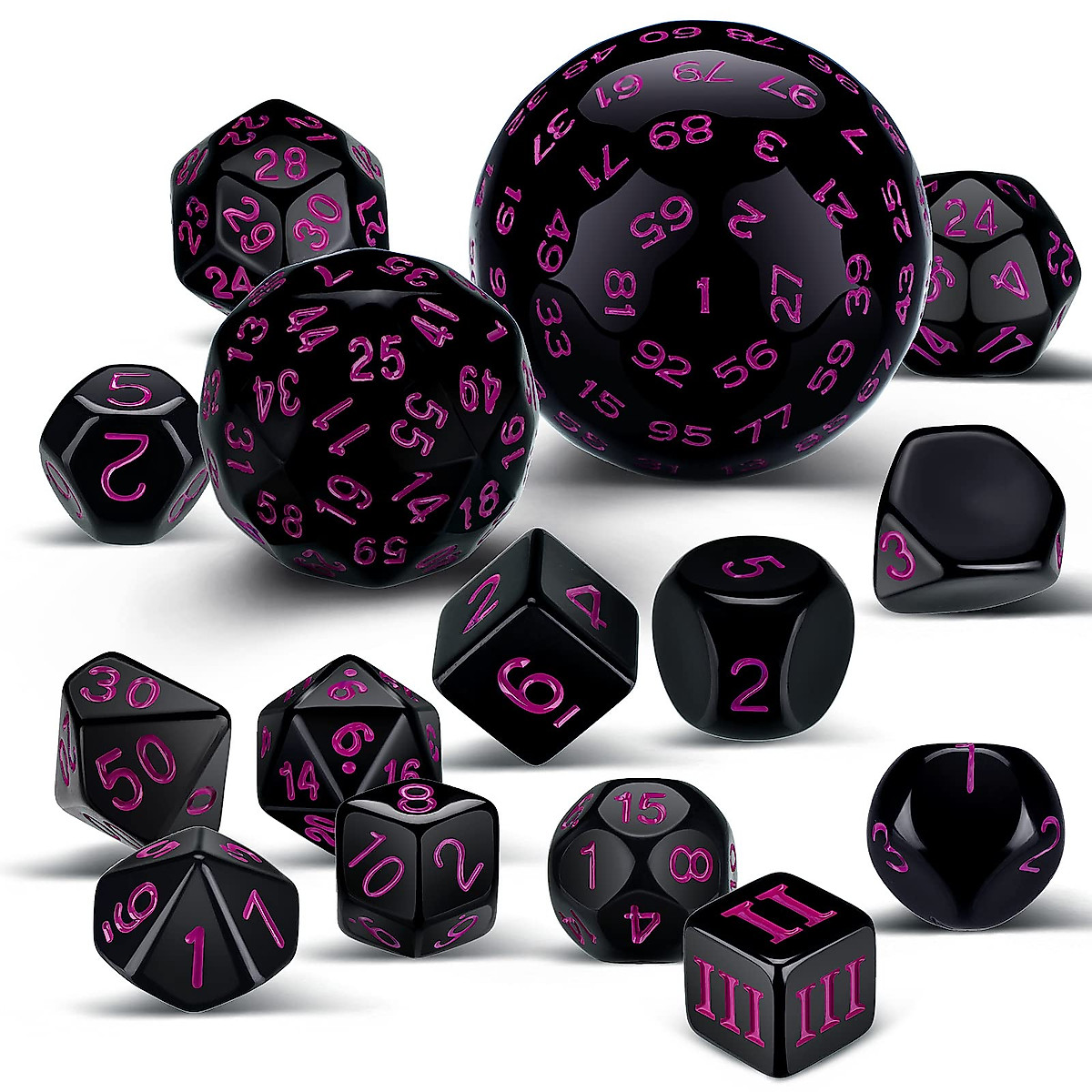 15 Pieces Complete Polyhedral Dice Set D3-D100 Spherical RPG Dice Set in Opaque Black, 100 Sides Dice Set for Role Playing Table Games Party Supplies (Black and Purple)