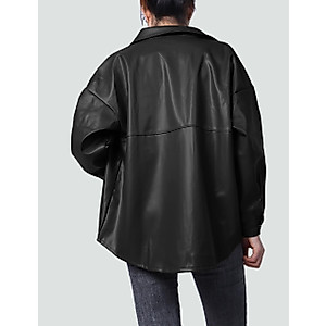 SeekMe Women's PU Leather Jacket Shacket Button Down Lapel Blazer Coat with Bust Pocket(0545-Black-L-QB)