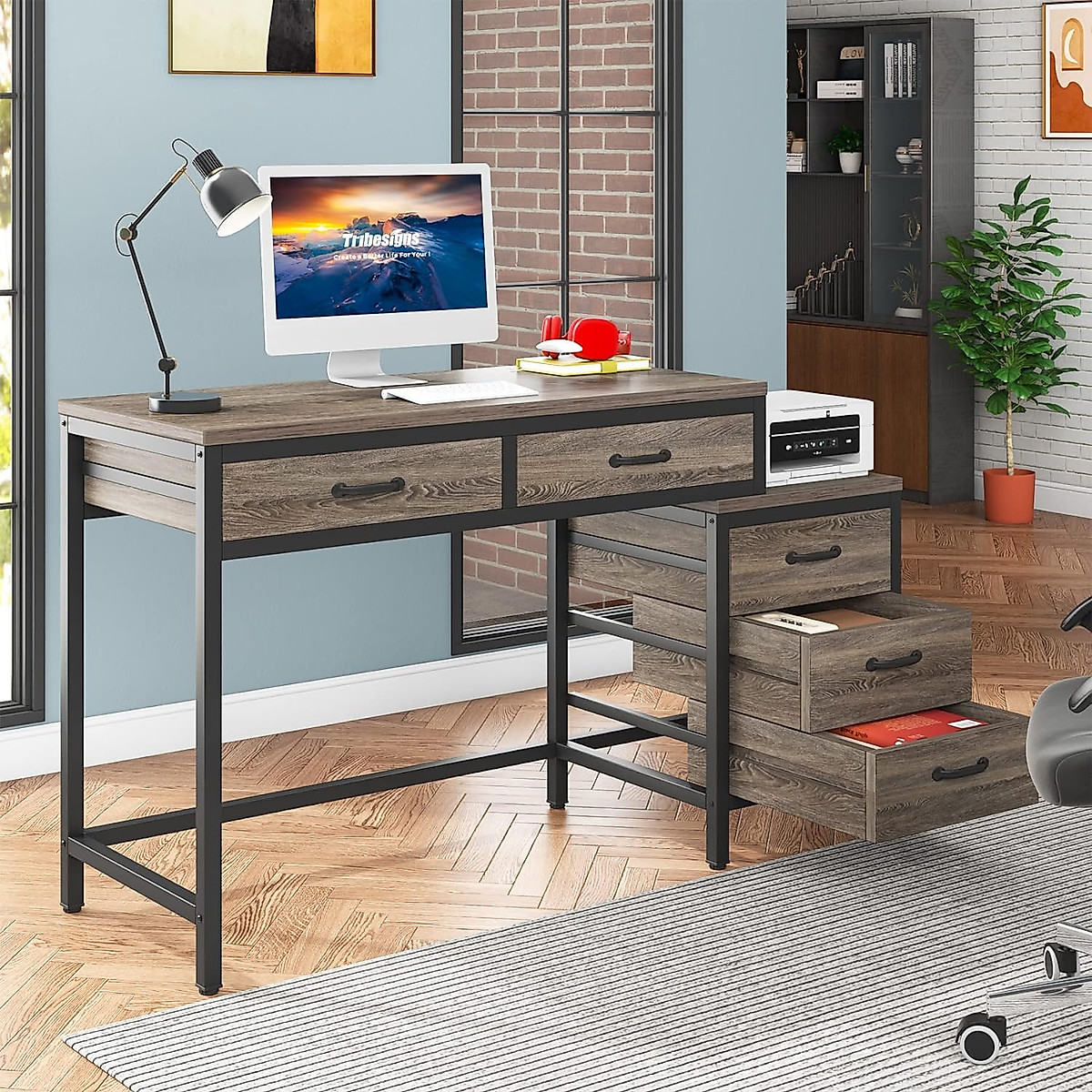 Tribesigns Computer Desk with 5 Drawers, Home Office Desks with Reversible Drawer Cabinet Printer Stand, Industrial PC Desk with Storage, Grey Study Writing Table Workstation for Small Spaces