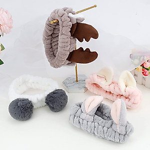 AHONEY Animals Ears Headbands, Cute Makeup Spa Fuzzy Skincare Headband for Washing Face Headband for Women Girls Coral Fleece Elastic Hair Band Cosplay Makeup Party, 4Pcs