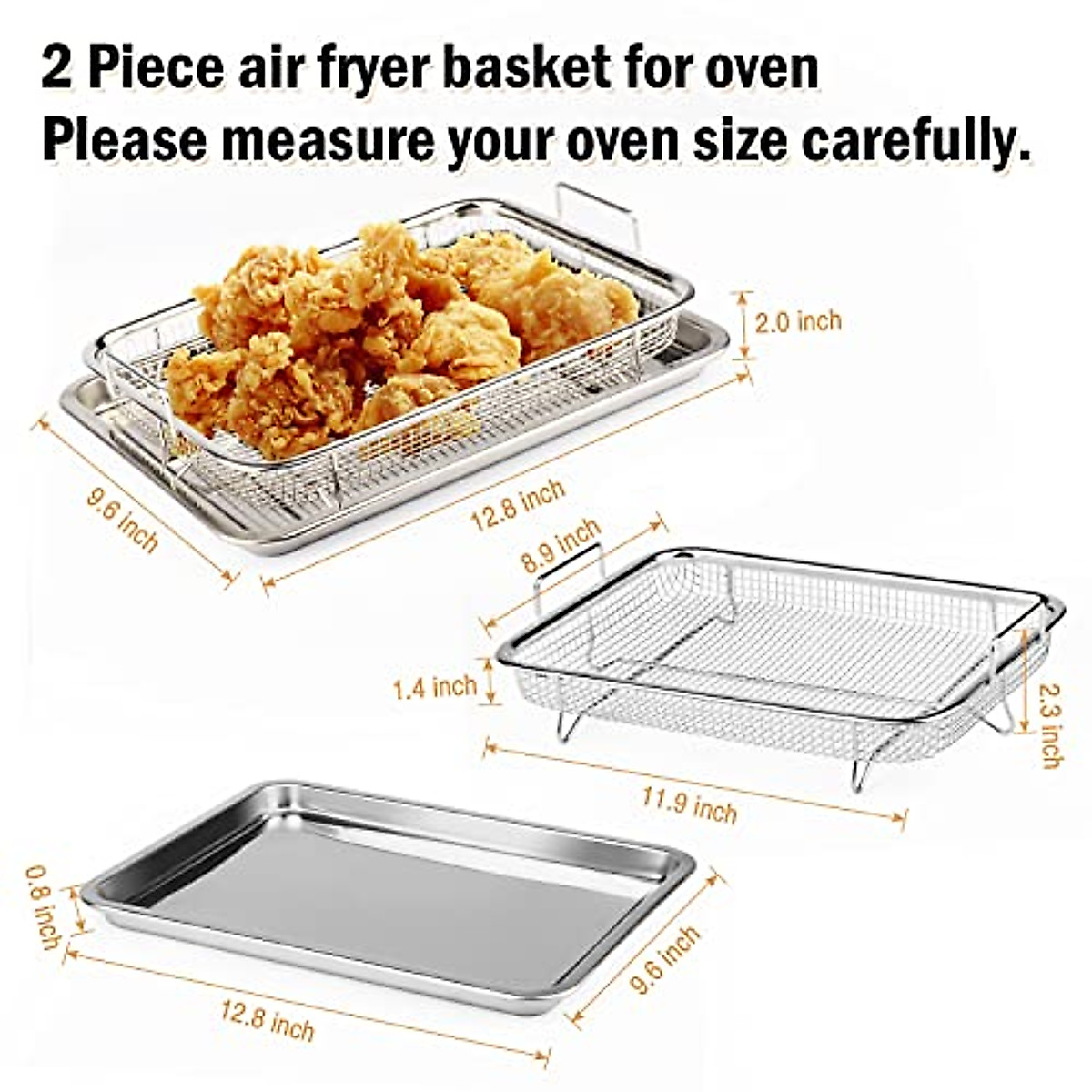 2 Piece Air Fryer Basket for Oven,Stainless Steel Oven Crisping Baskets & Tray Set 12.8 x 9.6 Inch, Air Fryer Basket Rack Oven for Non-Stick & Healthy Cooking (Sliver)