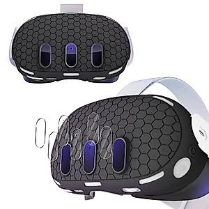 Orzero Soft Silicone Headset Cover Compatible for Quest 3, with 2 Sets 6 Packs Tempered Glass Camera Lens Protector Anti-Drop Strong Protection VR Gaming Accessories - Black