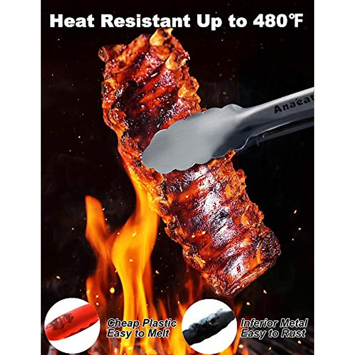 Anaeat Sturdy Mini Kitchen Tong - High Heat Resistant Cooking Tongs - 7 Inch Non-Slip Stainless Steel Small Locking Tongs for Grilling, Cooking, Turning and Barbecue