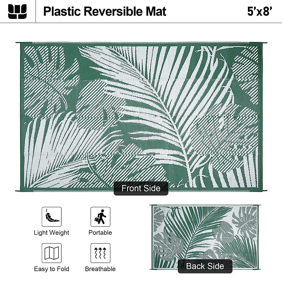 WondRg Outdoor Waterproof Patio Rug 5x8 Plastic Straw Reversible Lightweight Outdoor Area Carpet for Camping RV Picnic Backyard Deck Balcony Porch Beach, Green & White Leaf