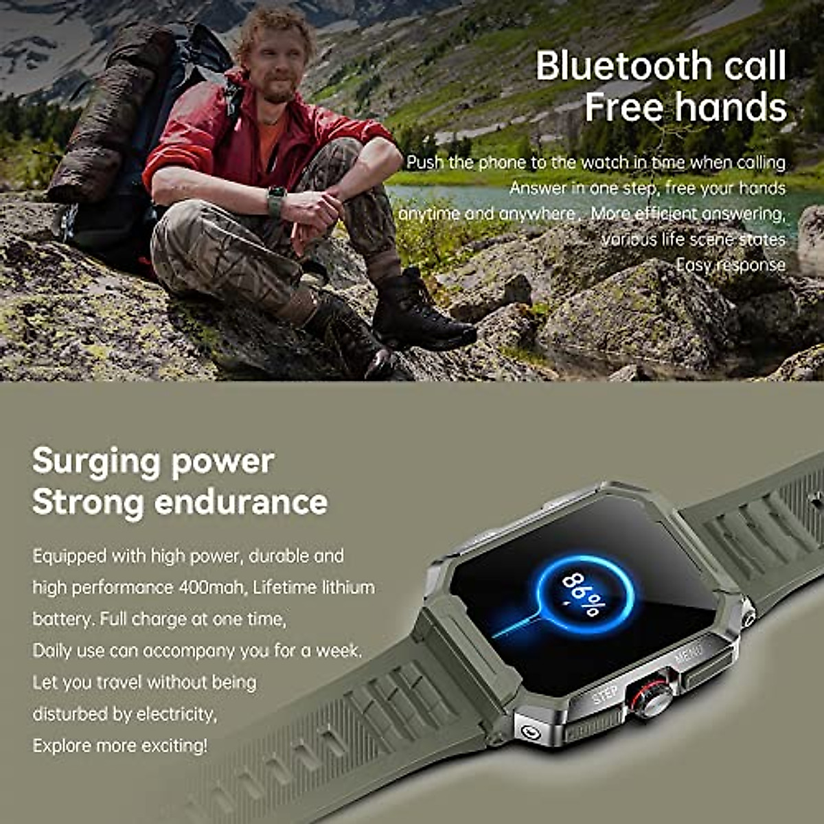Military Smart Watches for Men, 5ATM Waterproof Rugged Grade Bluetooth Call(Answer/Dial Calls), Health Tracker for Android Phones and iPhone Compatible, 1.85" Heart Rate/Blood Pressure Watch (Black)