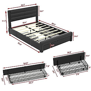 Upholstered Queen Size Platform Bed Frame with 3 Storage Drawers and Headboard, PU Leather Queen Storage Bed with USB Charging Station and Wooden Slats Support, Noise Free, Black