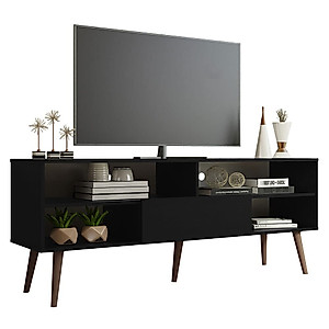 Madesa Modern TV Stand with 1 Door and 4 Shelves with Cable Management for 55, 65 Inch Media Storage Media Console Living Room and Bedroom Entertainment Center Wooden Television Cabinet - Black
