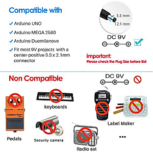 iCreatin 9V Power Cord Compatible with Arduino/Schwinn Bike, Replacement AC DC Power Supply Adapter for UNO R3 / Elegoo UNO R3 / IEIK UNO R3 / MEGA 2560 R3