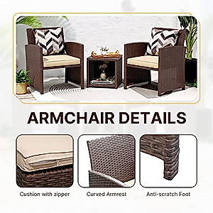 OC Orange-Casual 5 Pcs Patio Conversation Set Balcony Furniture Set with Beige Cushions, Brown Wicker Chair with Ottoman, Storage Table for Backyard, Garden, Porch