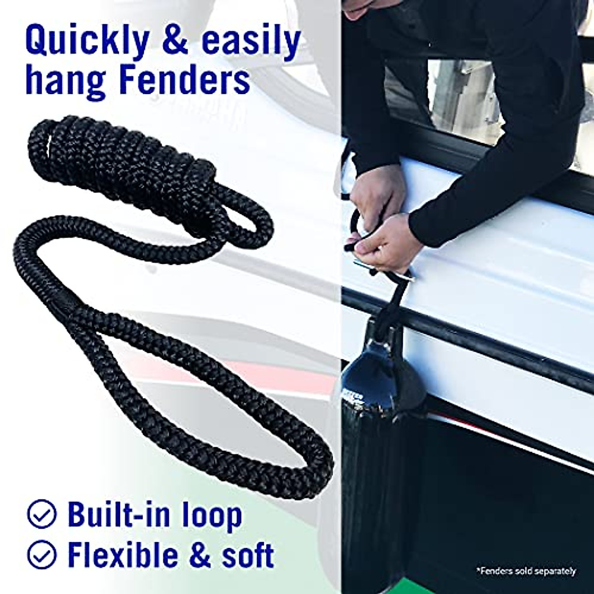 Boat Fender Lines for Boat Bumper Fender Boat Lines Hangers Bag Buoy Marine Rope for Boats or Dock Line Jet Ski Mooring or Small Boating Docking Double Braided Nylon 6 Feet 3/8 inch with Loop 2 Pack