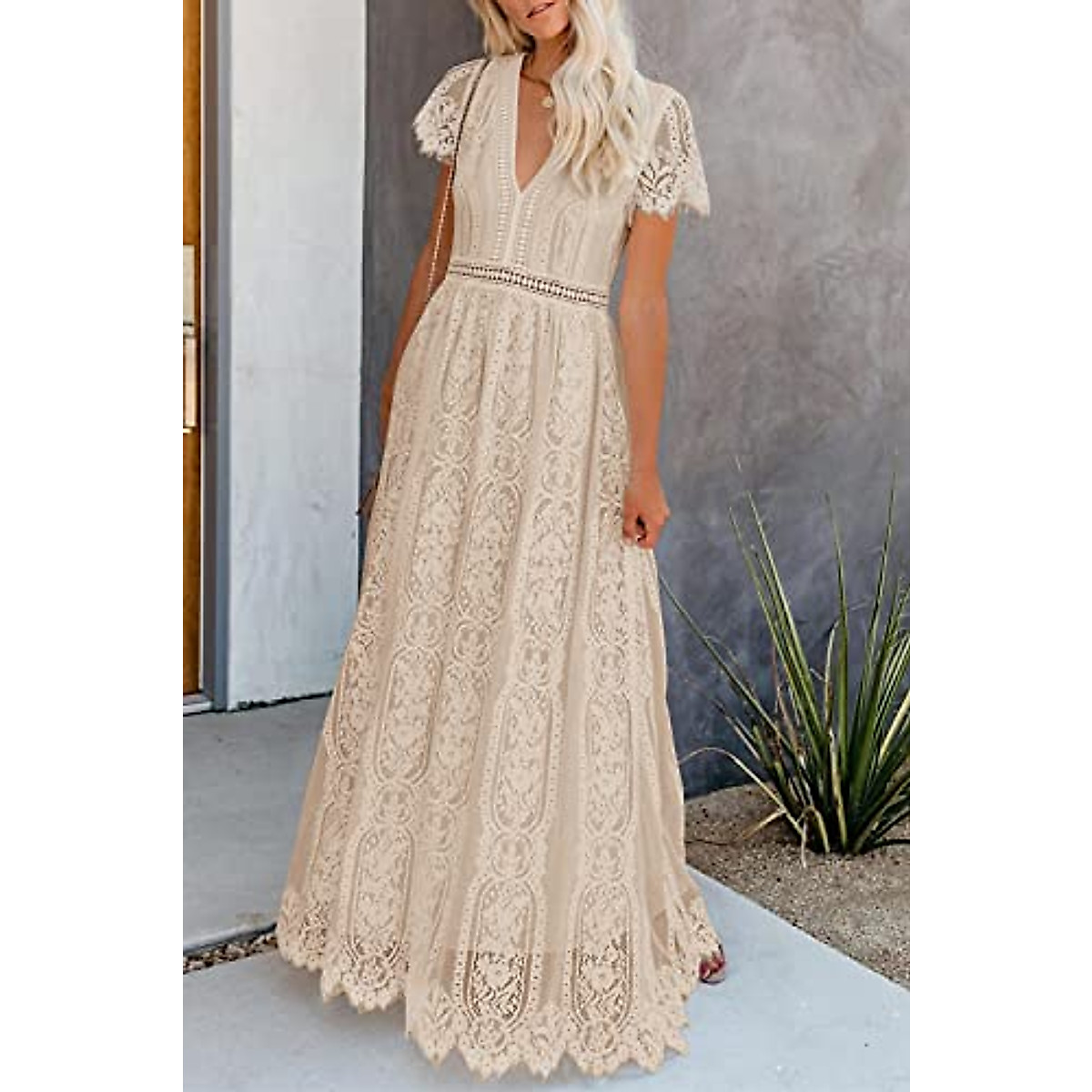 PRETTYGARDEN Women's Floral Lace Maxi Dress 2023 Short Sleeve V Neck Bridesmaid Wedding Evening Party Dresses (Apricot,Medium)