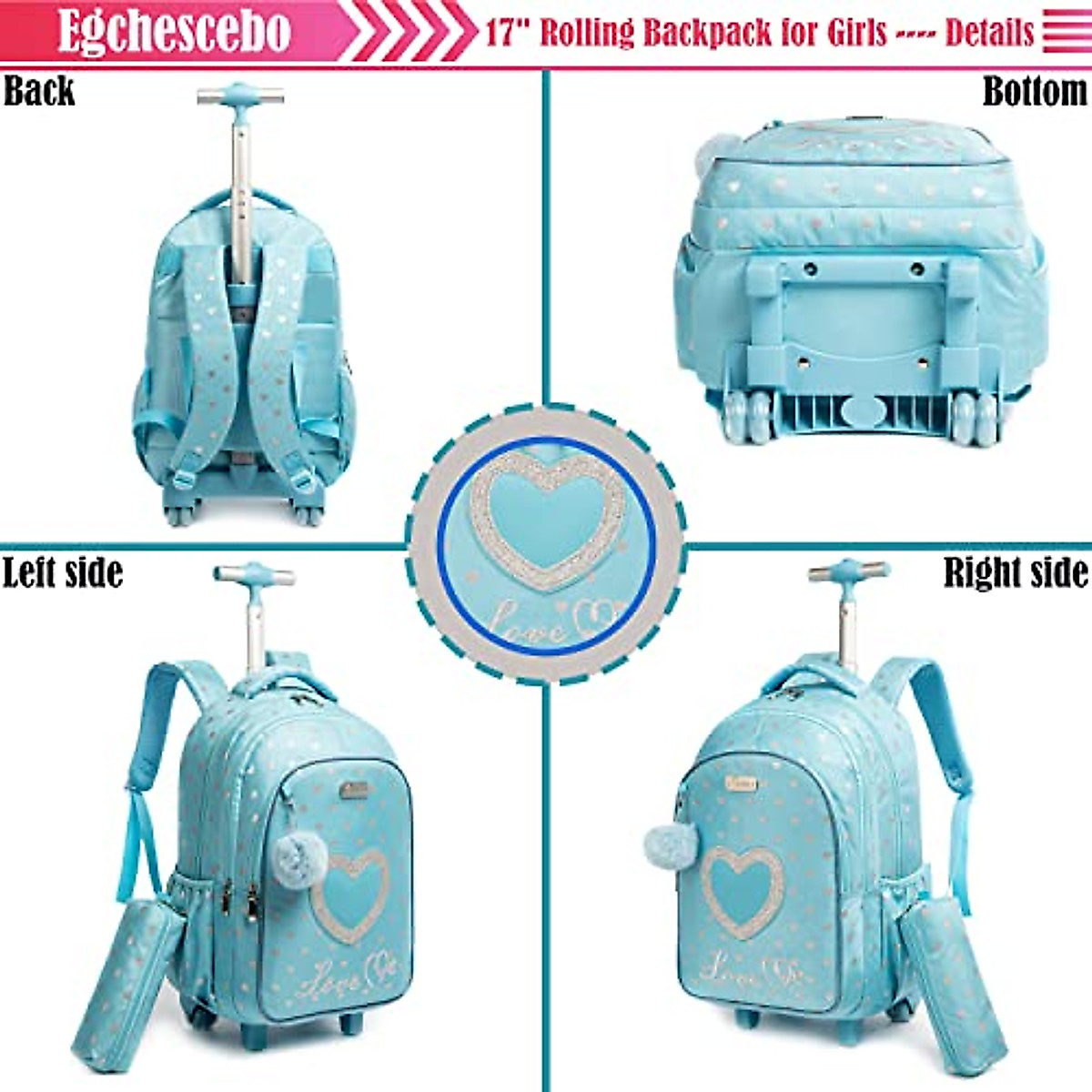 Egchescebo Kids Love Heart Rolling Backpack for Girls Suitcases Trolley Backpacks with Wheels Roller Luggage on Wheels with Lunch Box Pencil Case for Elementary Travel School Bag Blue