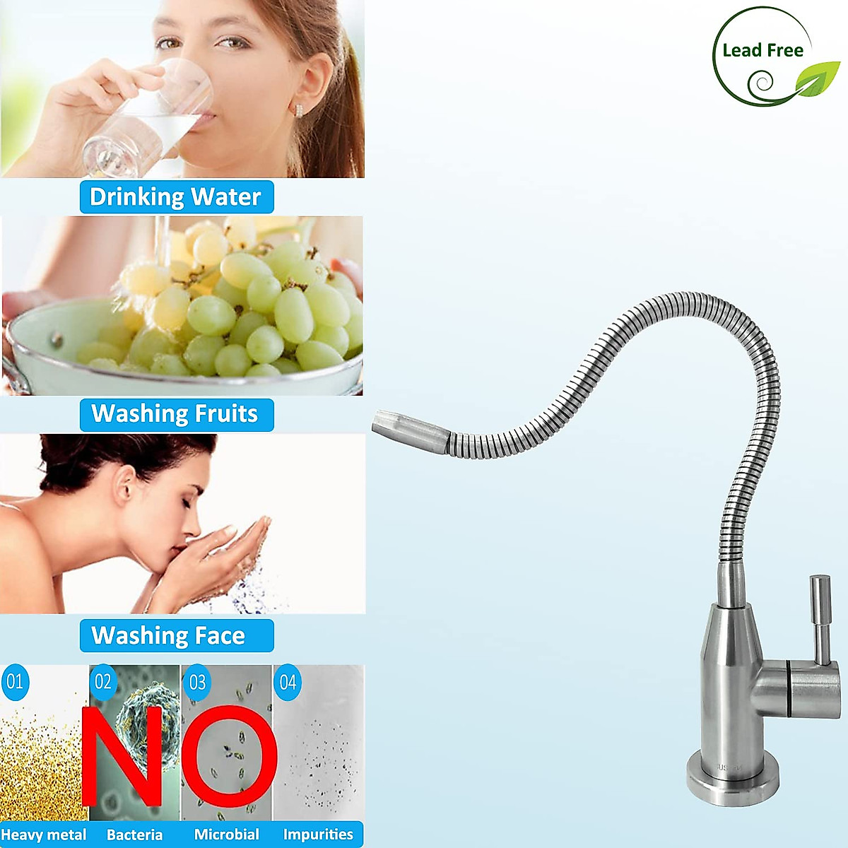 2024 Update Kitchen Water Filter Faucet with Flexible Gooseneck, Lead-Free Drinking Water Faucet Safety for Water Filtration Systems or Reverse Osmosis Systems, Stainless Steel Beverage Faucet