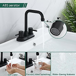 REHOMAONG Matte Black Bathroom Faucet 3 Hole with Pop-up Drain,360 Swivel Spout 2-3 Hole RV Bathroom Vanity Sink Faucet, Bathroom Sink Faucet,4 Inch 2 Handle Bathroom Faucet