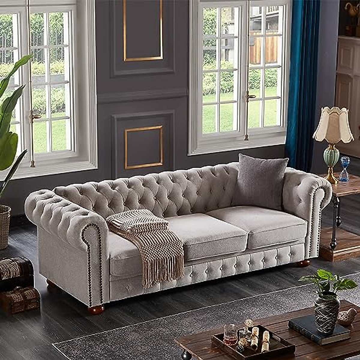 ERYE 88.5" 3-Seaters Chesterfield Sofa&Couch, Clasic Luxury Roller Armrest Special Wood Legs Sectional,Button Tufted Linen Upholstered Modular Sofa Couch with Removable Cushions & Nailhead Decor