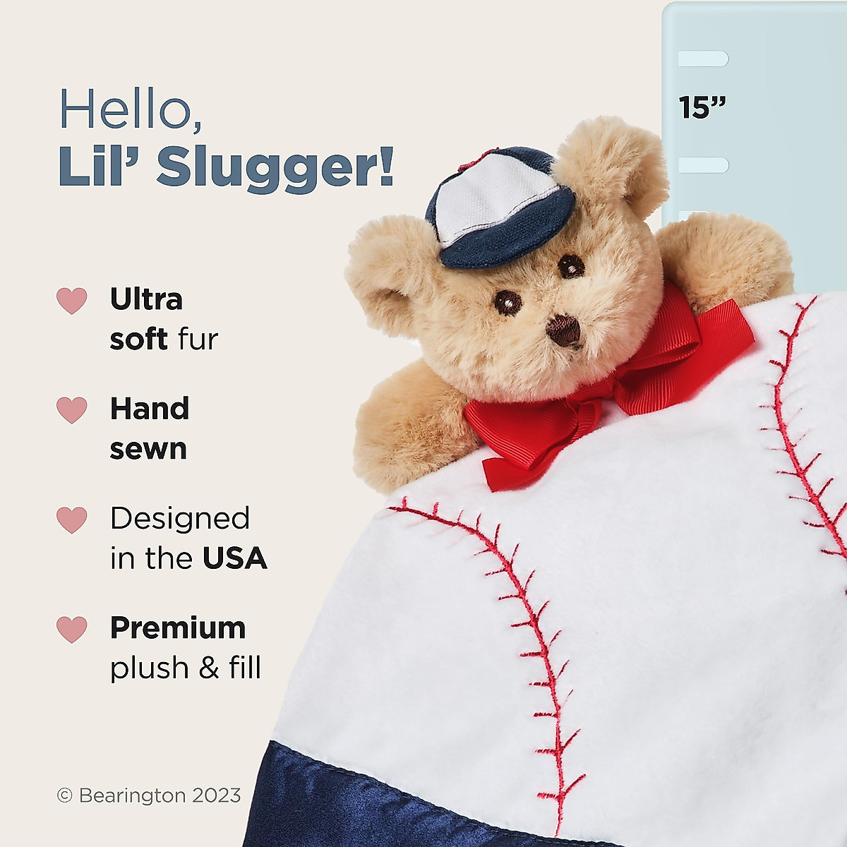 Bearington Baby Lil’ Slugger Snuggler, 15 Inch Baseball Plush Stuffed Animal Teddy Bear Security Blanket Lovey for Babies