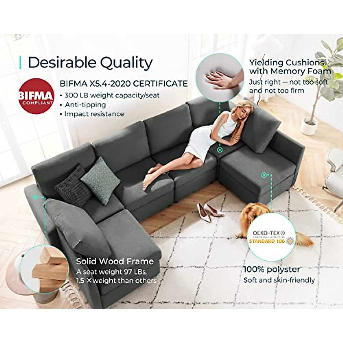 LINSY HOME Modular Sofa, Sectional Couch U Shaped Sofa Couch with Storage, Memory Foam, 6 Seat Modular Sectionals Sofa Couch with Chaise for Living Room, Dark Grey