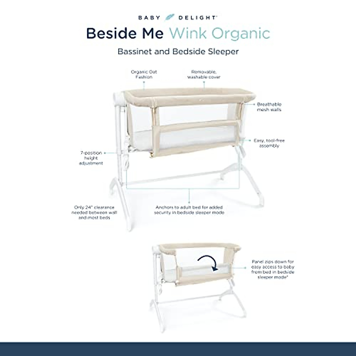 Baby Delight Beside Me Wink Organic Bassinet | Bedside Sleeper | 7-Position Height Adjustment | Organic Oat