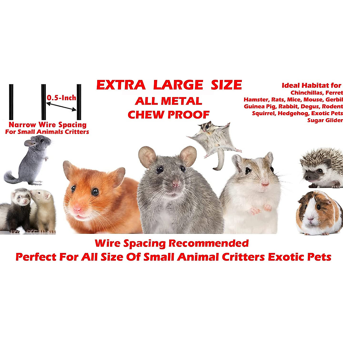 Double Extra Large 3-Tiers Small Animals Critters Wrought Iron Cage Tight 1/2-inch Bar Spacing Center Divider Removable Rolling Stand (63" Lx19 Dx64 H, White Vein)