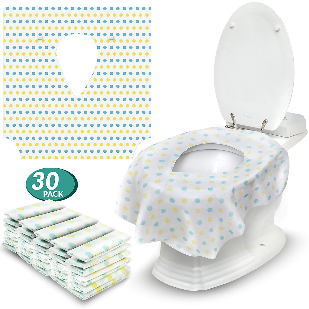 Toilet Seat Covers Disposable - 30 Pack - Extra Large Portable Liners for Bathroom, Road Trip, Child Travel, Toddler Potty Training, Adults On the Go - Individually Wrapped, Waterproof, Soft Clean Pad