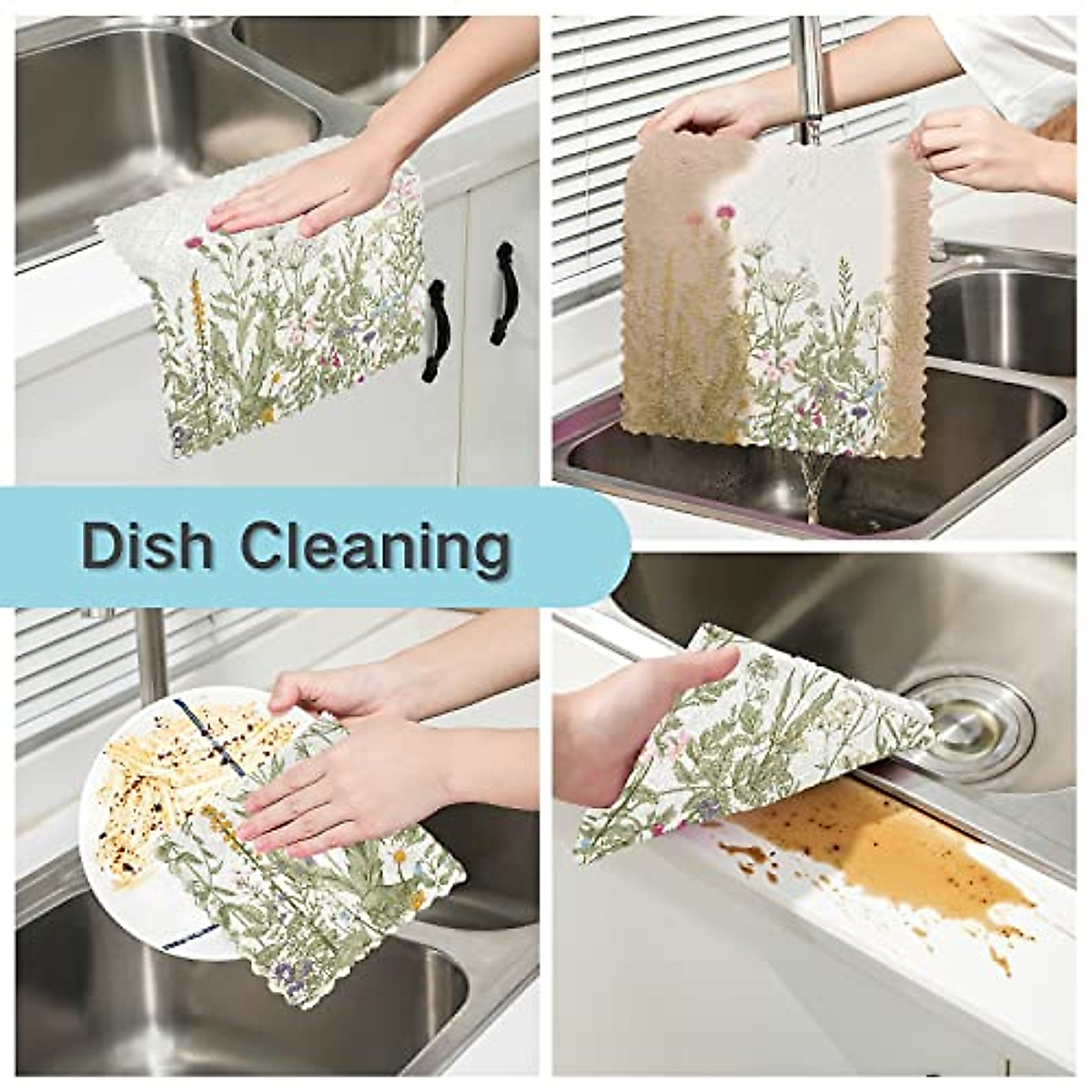 Seamless Floral Herbs and Wildflowers Botanical Pattern Pack of 6 Pcs Kitchen Dish Towels, Absorbent Soft Dishcloths for Bar cafe Car Table Chair Window Washable Towels 11 x 11 inches