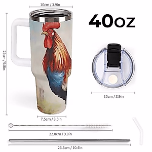 Rooster Picture 40 Oz Stainless Steel Cup Travel Tumbler with Handle and Straw Lightweight Coffee Mug for Home Office