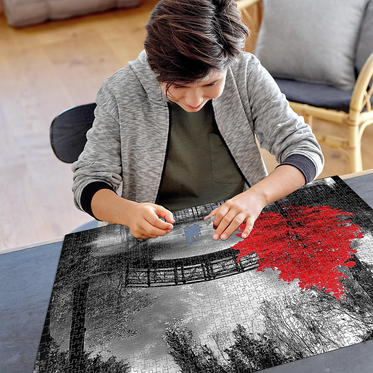 najiaxiaowu Adult Puzzle Classic Jigsaw Puzzle 1000 Pieces Wooden Puzzle DIY Black and White Bridge and Red Tree Modern Home Decor Intellectual Game Wall Art Unique Gift 75x50cm