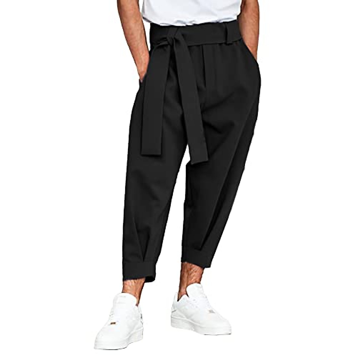 SOMTHRON Men's Harem Cropped Pants Elastic Waist Belted Baggy Bow Tie Beach Yoga Ankle Length Trousers BL-L Black