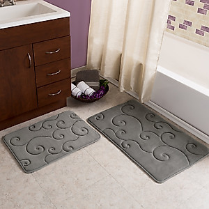 2 pc Memory Foam Bath Mat Set by Lavish Home - Coral Fleece Embossed Pattern - Platinum
