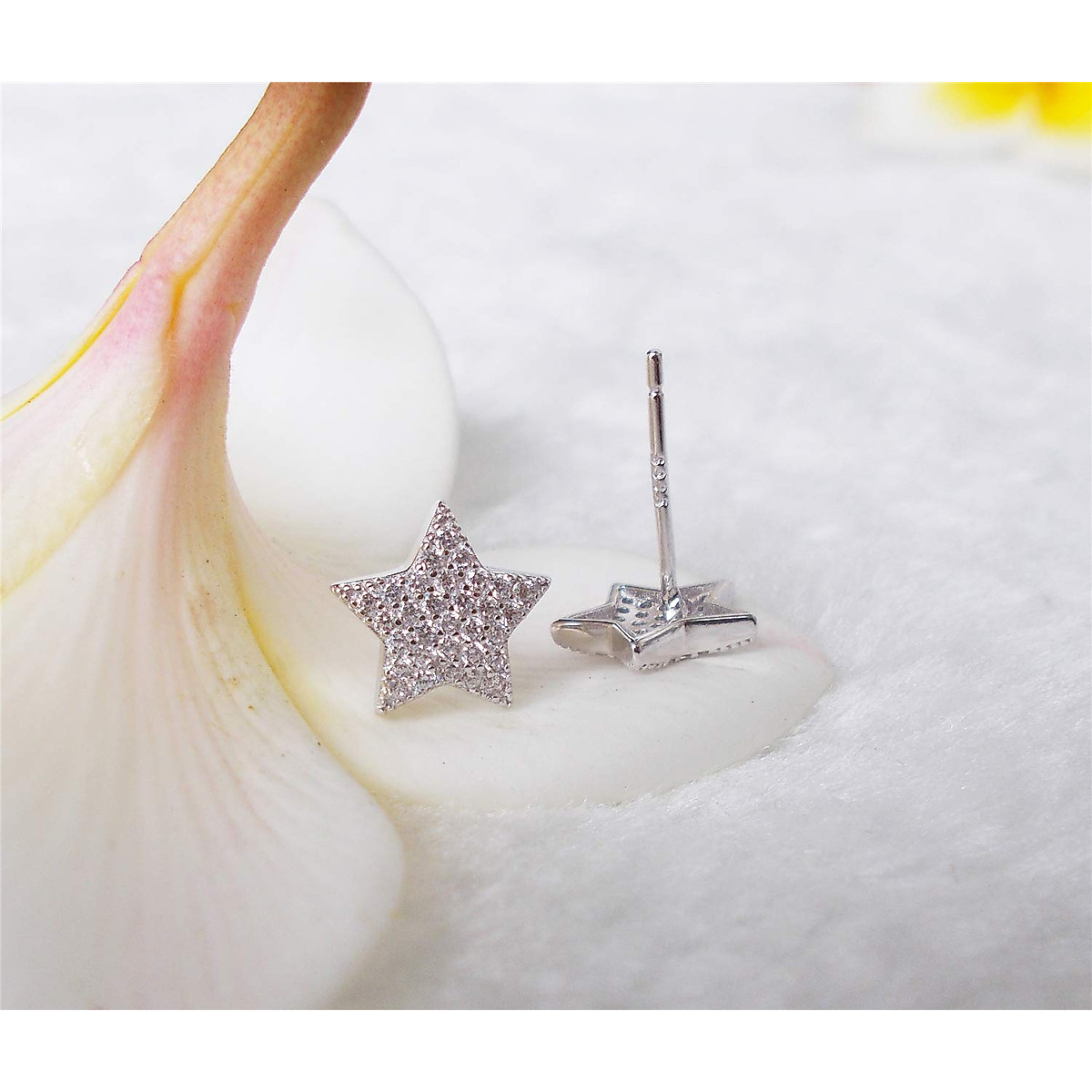 Hiqmic 925 Sterling Silver Fashion Star Rhinestone Ear Stud Earrings Piercing White Gold Plated Jewelry - Silver