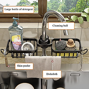 WINGSIGHT Faucet Sponge Holder Kitchen Sink Caddy Organizer Over Faucet Hanging Faucet Drain Rack for Sink Organizer (Double with Dishcloth Rack, Black)
