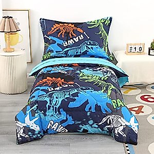 Wowelife Dinosaur Toddler Bedding Sets for Boys and Girls, Premium 4 Piece Dinosaur Skeleton Toddler Bed Set Blue, Super Soft and Comfortable for Toddler