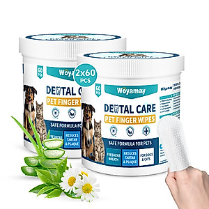 Woyamay Teeth Cleaning Wipes for Dogs & Cats, 120 Counts Dental Wipes for Reducing Plaque & Tartar for Cats and Dogs, Disposable Gentle Breath Freshener Dental and Gum Care Finger Pet Wipes