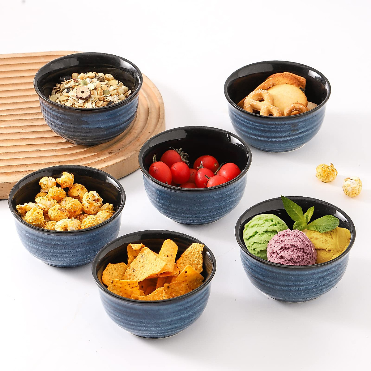 Hasense 10 oz Ceramic Dessert Bowls, Small Ice Cream Bowls, Portion Control Bowls for Kitchen Cereal Soup Rice Side Dishes, Dishwasher Microwave Safe, Set of 6, Blue