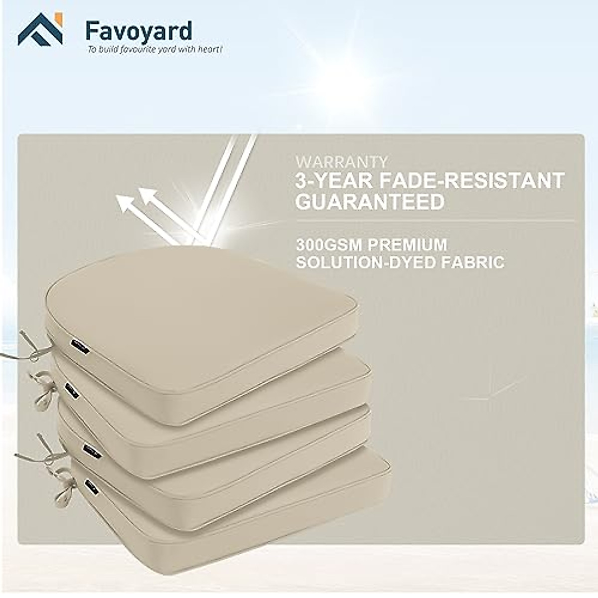 Favoyard Outdoor Chair Cushions 19"x19"x2" Set of 4 Waterproof Seat Cushion for Patio Furniture with 3-Year Fade Resistant Removable Cover Attach Straps Hidden Zipper Round Corner for Yard Garden