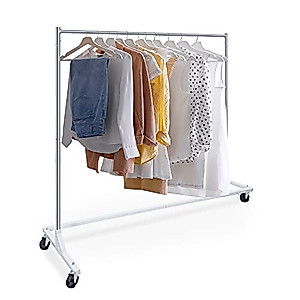 SUPER DEAL Heavy Duty Clothes Rack Z Base Commercial Grade Garment Rack on Wheels Rolling Clothes Hanging Organizer, All Steel Frame 220lbs Capacity, Silver/White