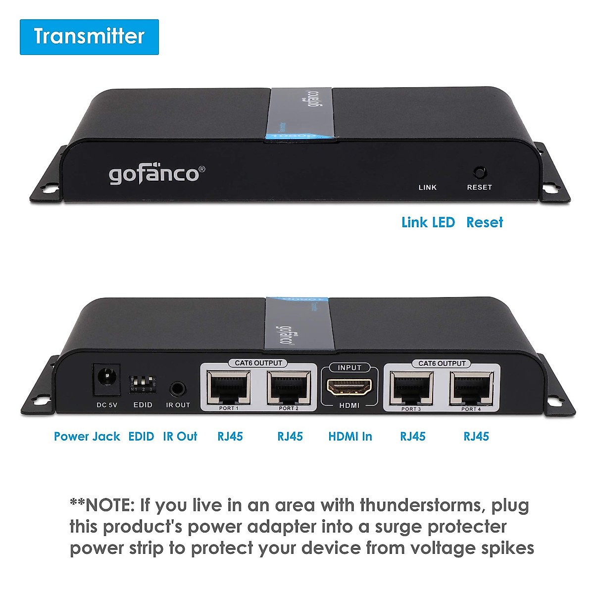 gofanco 1080p 1x4 4 Port HDMI Extender Splitter Over CAT5e/CAT6/CAT7 Ethernet Cable – IR Extension, Up to 40m (130ft) at 1080p 60Hz, 1 in 4 Out (HDMIExt4P)