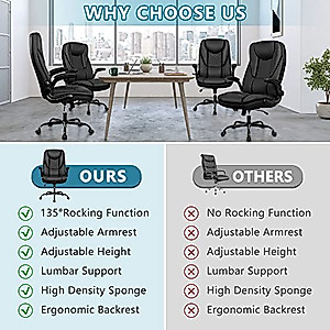 Guessky Office Chair, Executive Office Chair Big and Tall Office Chair Ergonomic Leather Chair with Adjustable Flip-Up Arms High Back Home Office Desk Chairs Computer Chair with Lumbar Support (Black)