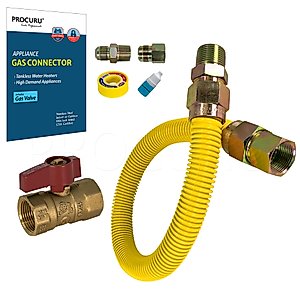 PROCURU 1" OD x 12" (1Ft) x 3/4"MIP x 3/4"FIP Universal Gas Flex Connector Kit with Gas Valve, Weatherproof MaxFlow Stainless Steel Tubing for Tankless Water Heater (Blue B1 Series)