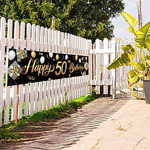 Mocossmy Happy 50th Birthday Banner,6x1.3 Ft Large Black Gold Glitter Happy Birthday Sign Photography Background Backdrop for Women Men Gifts Indoor Outdoor Birthday Anniversary Party Supplies Decoration