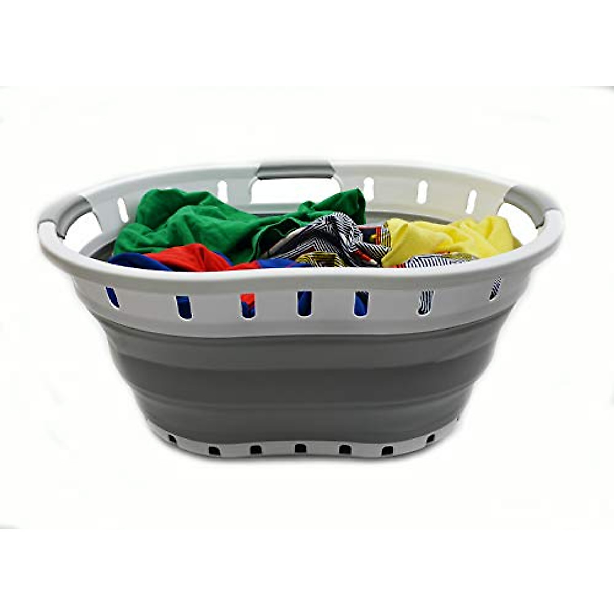 SAMMART 36L (9.5 Gallon) Collapsible 3 Handled Plastic Laundry Basket - Oval Basket - Foldable Storage Container/Organizer - Space Saving Laundry Hamper (White/Grey)