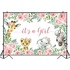 HIPVVILD Safari Baby Shower Backdrop Decorations, Jungle Animal Theme Baby Shower Party Supplies for Girl, It’s a Girl Backdrop, Safari Jungle Animal Theme Party Background Photo Booth Banner | 5x3ft