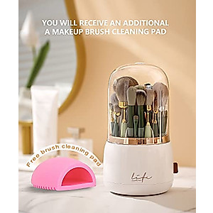 Y.duck Pink Makeup Brush Holder with Lid - 360 Rotating Makeup Organizer for Vanity - Dustproof Make Up Organizers and Storage-With Makeup Brush Cleaner Mat (White)