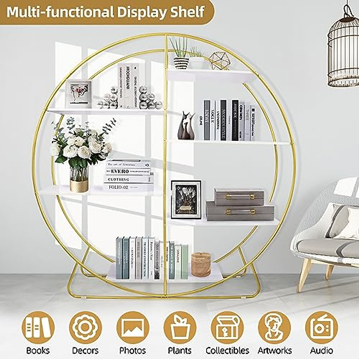 KNIGHTCRAFT White and Gold Bookshelf Circular Office Bookshelves 57" Tall Arched Book Shelves Open Etagere Bookcase Large Round Book Shelf for Living Room Modern Home Furniture