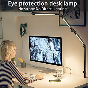 vimeepro LED Desk Lamp with Clamp Flexible 4 sections Swing Arm Three light sources desk light, 4 Color Modes & 5 Brightness, Eye Caring Led table light with Memory Function for table lamps for office