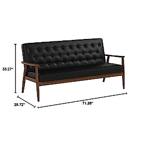 Baxton Studio Sorrento Mid-Century Retro Modern Faux Leather Upholstered Wooden 3-Seater Sofa, Black