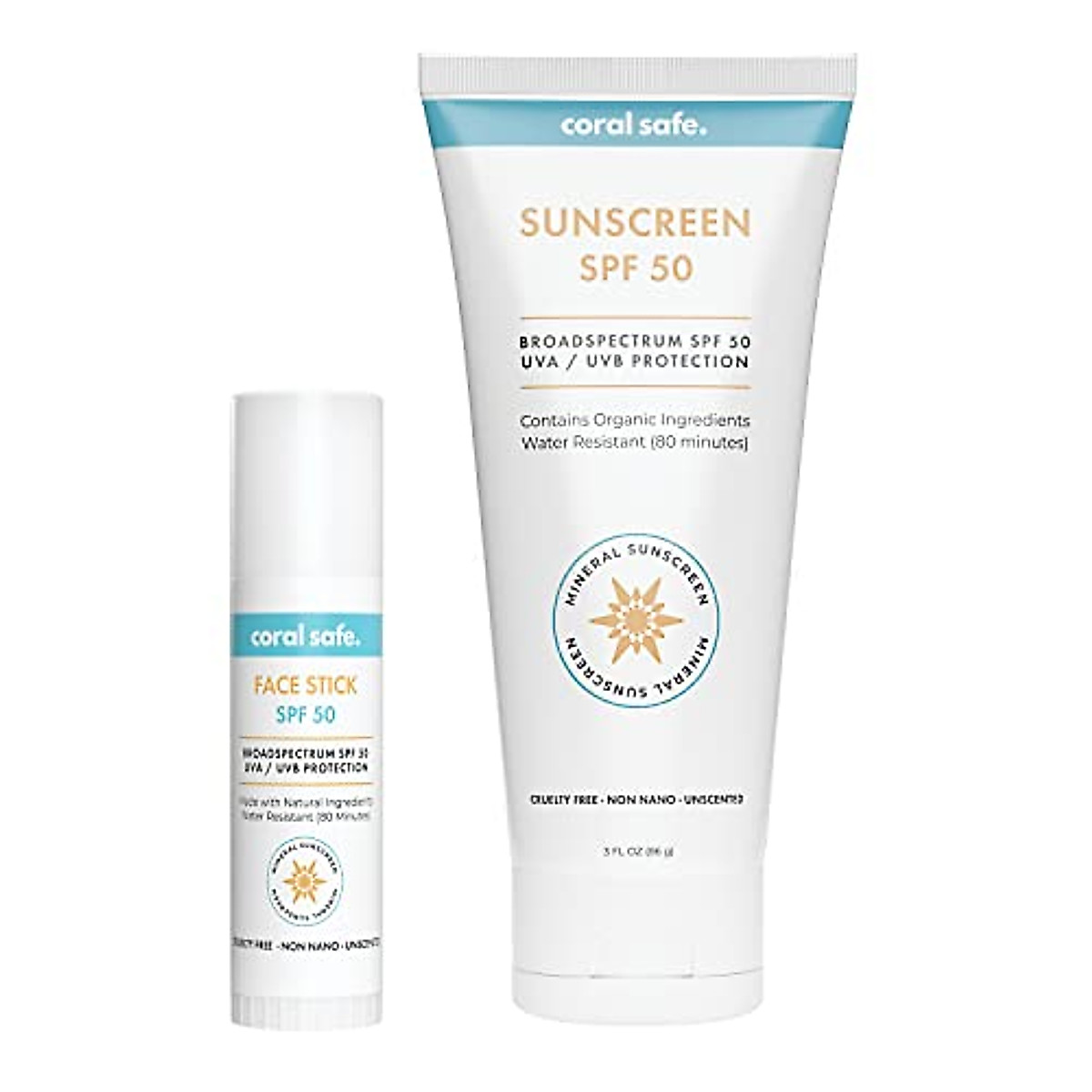 Reef Safe Sunscreen SPF 50 Mineral Lotion and Face Stick, Hawaii & Mexico Approved, Biodegradable, Zinc, Vitamin E, Oxybenzone & Octinoxate Free, Water Resistant, Natural Ingredients, Made in USA by Coral Safe