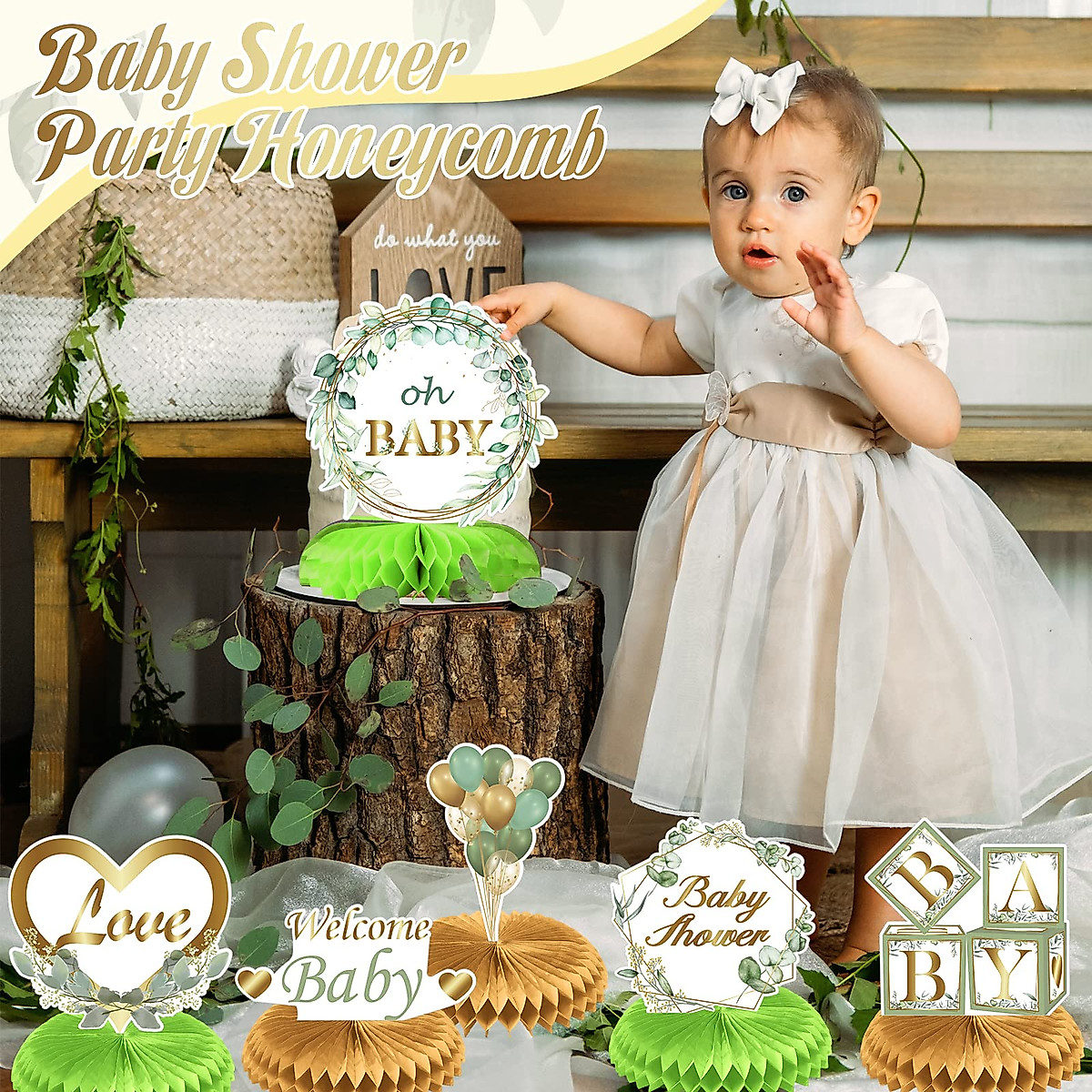 Weecent 9 Pcs Greenery Baby Shower Honeycomb Centerpieces Oh Baby Party Decorations Sage Green Party Table Centerpieces Baby Boy Girl Birthday Party Green Leaf Cake Decorations