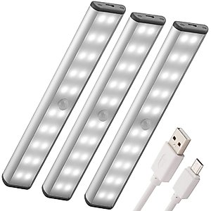 MOSTON Motion Sensor Closet Lights, 3 Pack 20 LED Cordless Under Cabinet Lighting with Built-in Rechargeable Battery, Stick-on Anywhere Magnetic Night Lamp for Cupboard Cabinet Kitchen Stairs